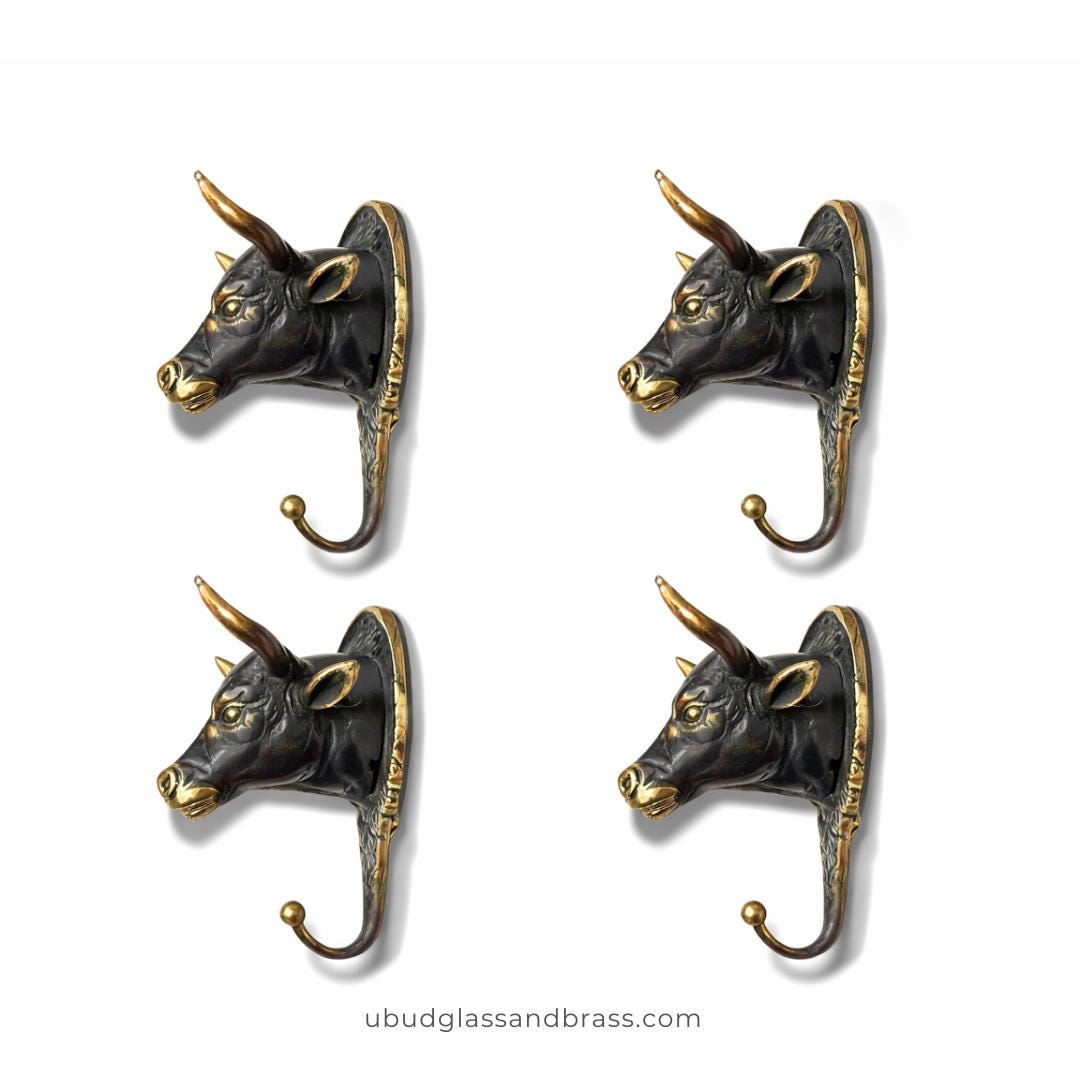 Set of 4 Brass Bull Head Wall Sculptures, Functional Wall Art Hooks ...
