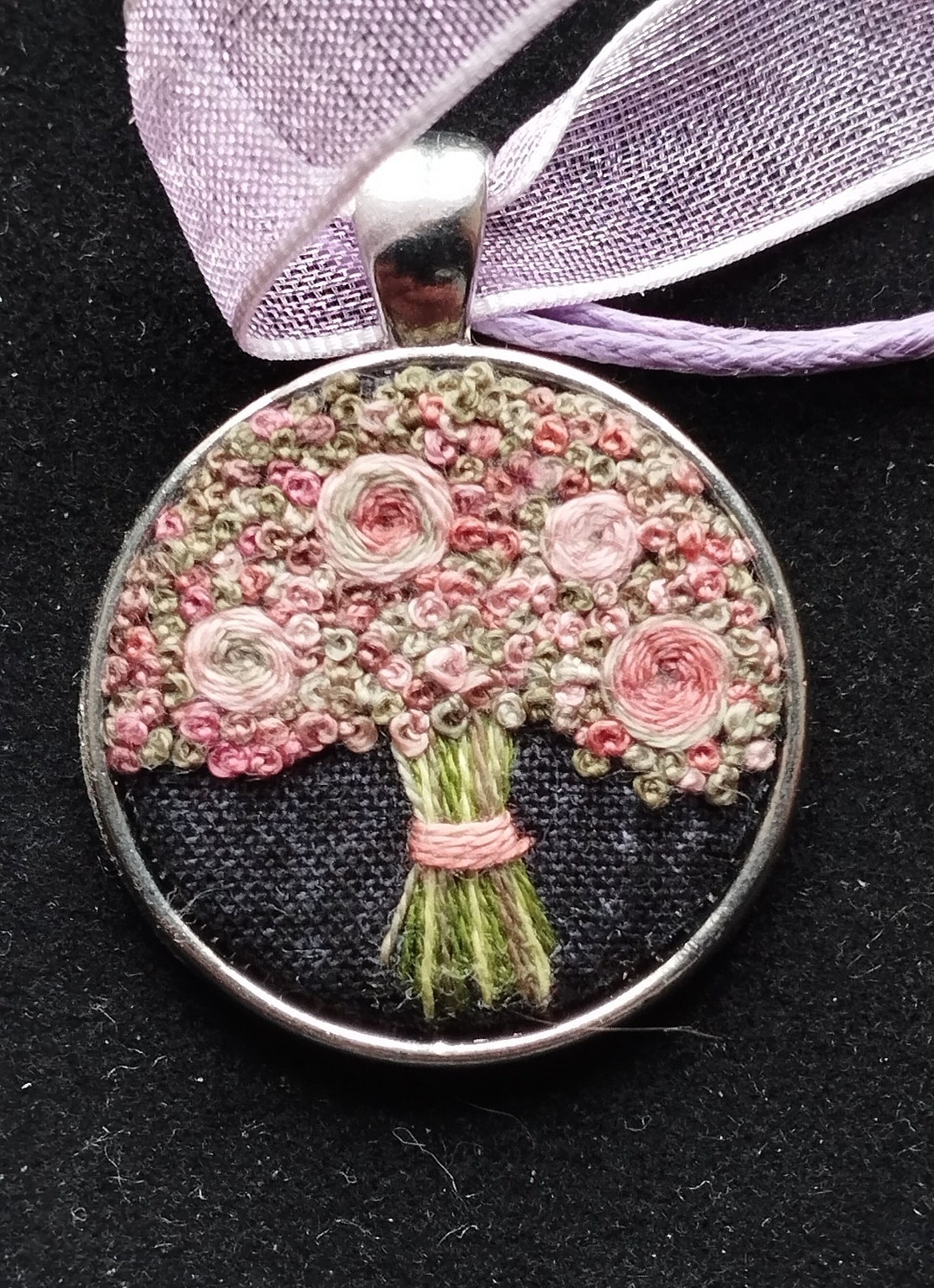 Hand Embroidered Flower Locket, Embroidered Pendant, Organza Necklace ...