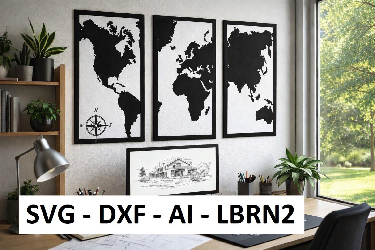 DXF, SVG, AI, Lightburn File for Laser Cutting. Triptych World Map Wall ...