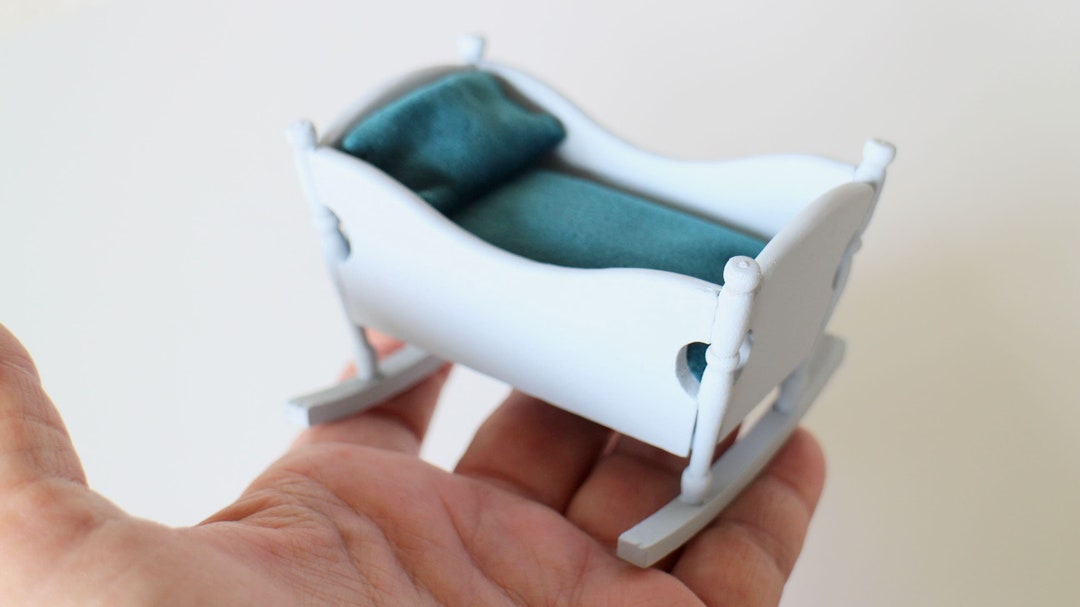 A Miniature Rocking Cradle in Light Gray Wood With Duck Blue Velvet ...