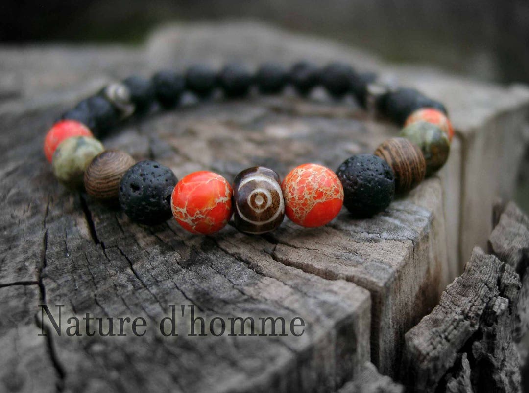 Bracelet roche volcanique, bois wengé, os de yak, turquoise orangé et ...