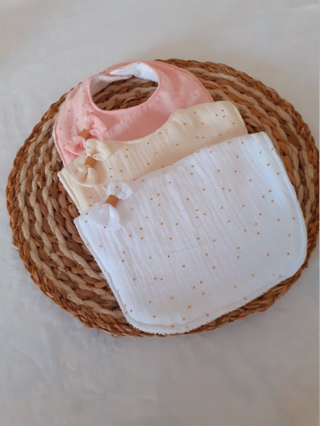 Baby Bibs in Double Gauze With Golden Polka Dots and White Bamboo ...