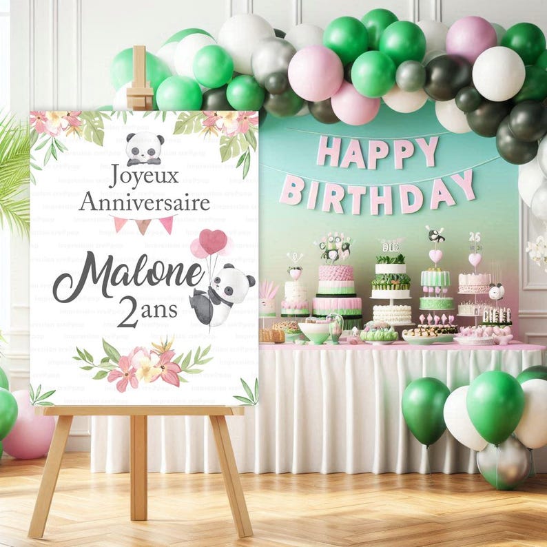 Affiche anniversaire , pancarte accueil, personnalisée , thème panda ...