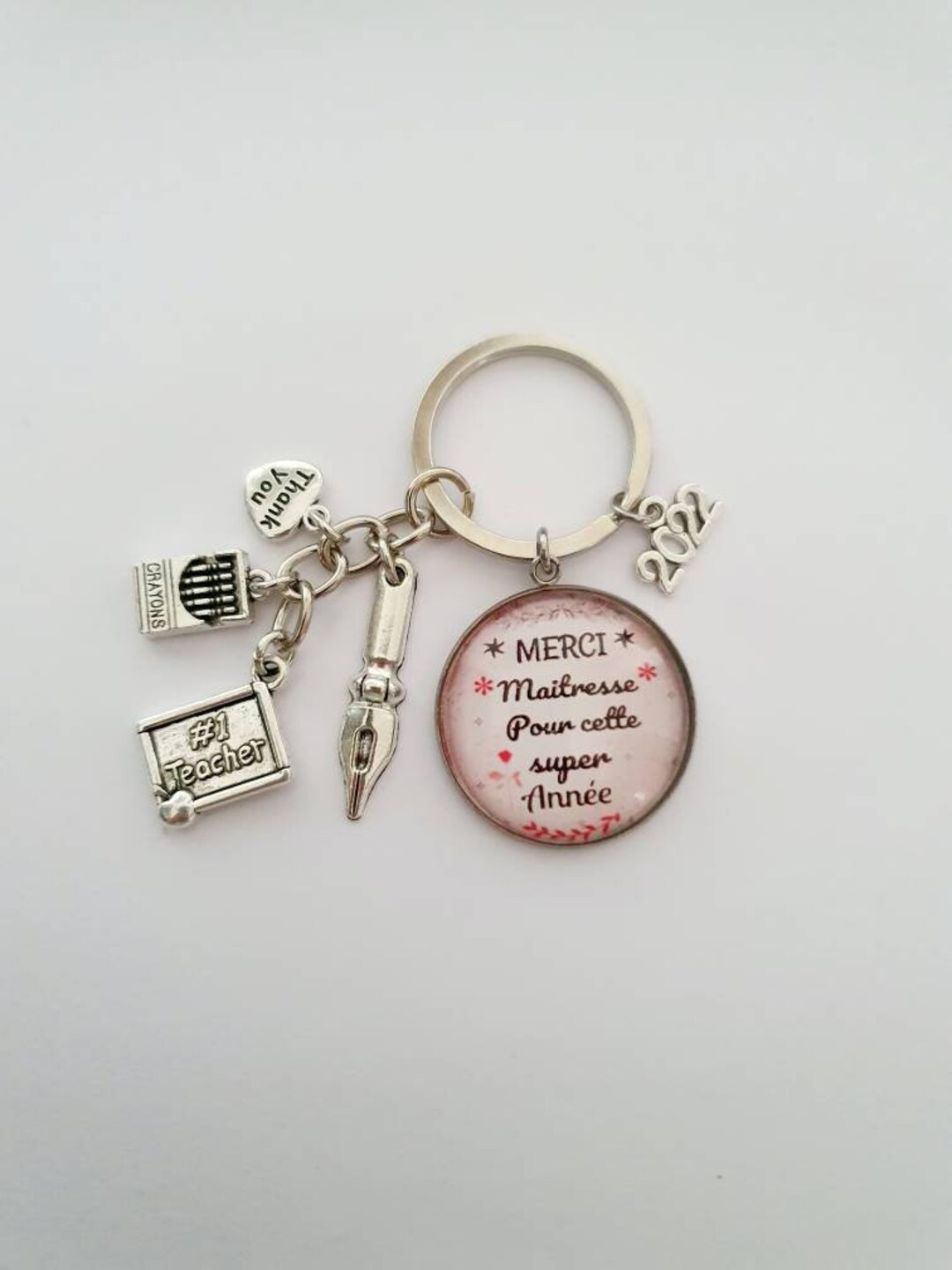 Merci Maîtresse Key Ring With 25mm Glass Cabochon and Heart Pencil ...