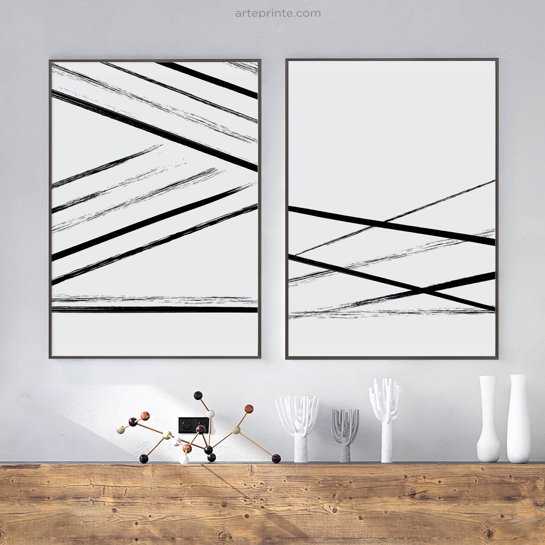 Black Lines Art, Lines Prints Set of 2, Black and White Abstract ...