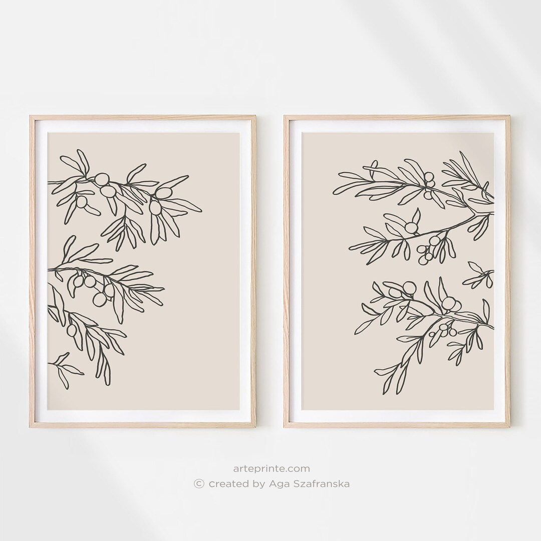 Olive Tree Branches Line Drawing Printable, Beige Black Modern ...