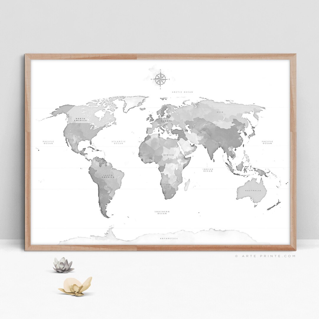GRAY WORLD MAP Print, Greyscale Map of the World, Modern Minimalist Map ...