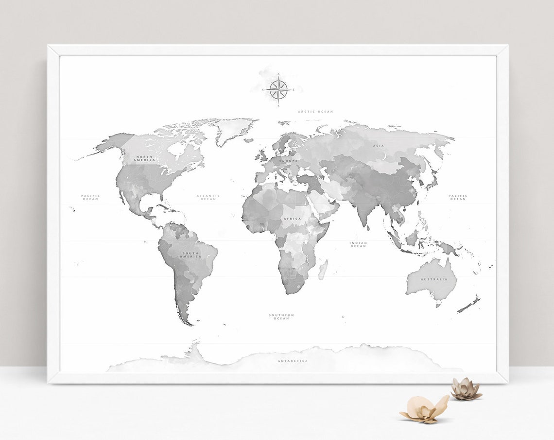 GRAY WORLD MAP Print Greyscale Map of the World Modern - Etsy