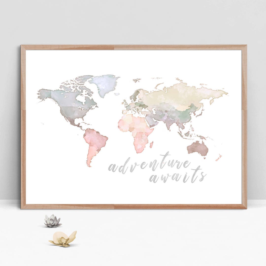 ADVENTURE AWAITS World Map Wall Art Printable, Nursery Kid Room Decor ...