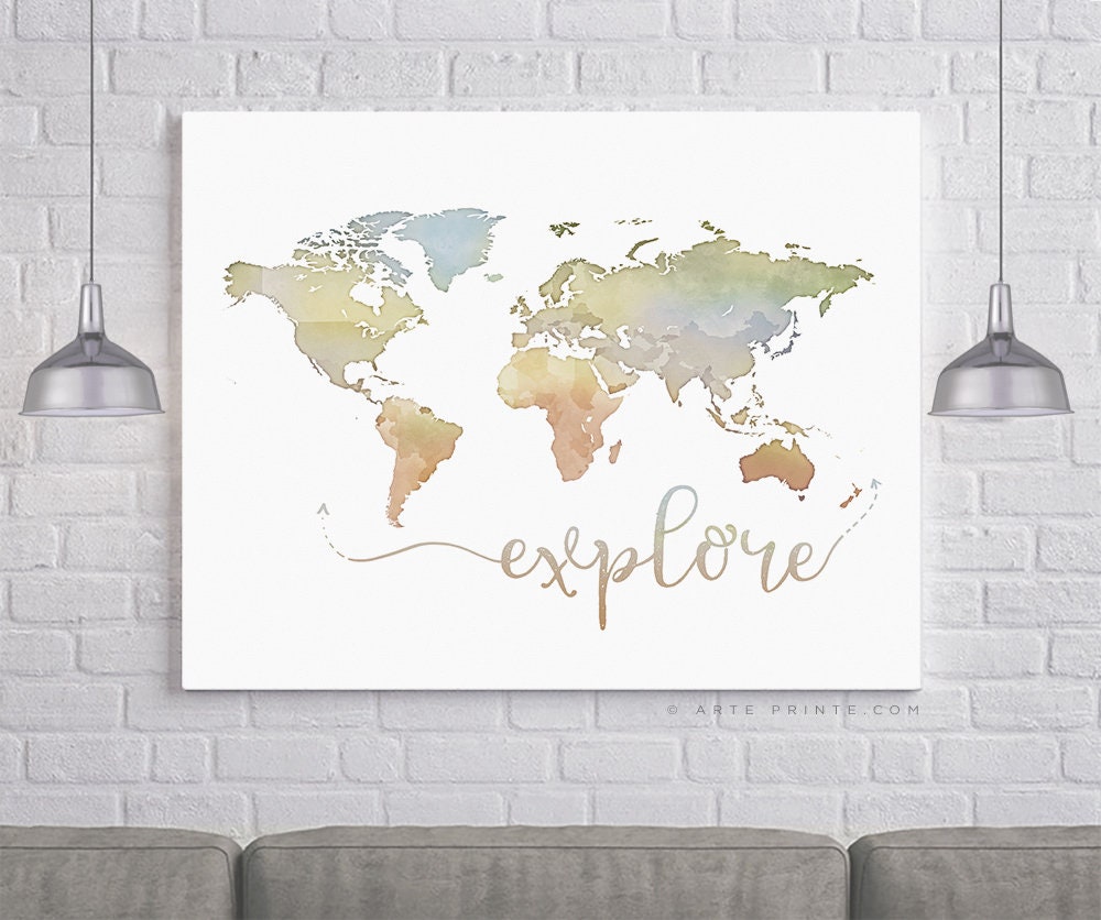 World Map Wall Art, Kids Nursery Decor ,watercolor Continents & Explore ...