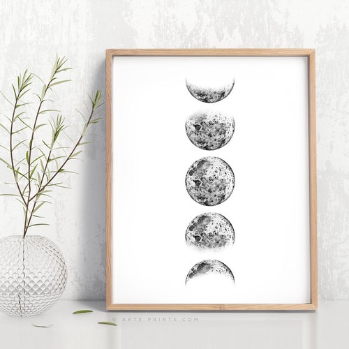 Moon Phases Wall Art Printable Bedroom Decor Pencil Drawing - Etsy