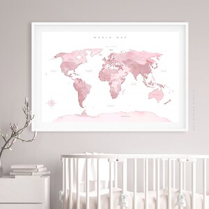 Pink World Map Wall Art, Girl Room Decor, Pink World Map With ...