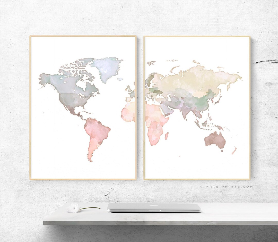 Neutral World Map Wall Art, Living Room Wall Decor, 2 Panel Pastel Map ...