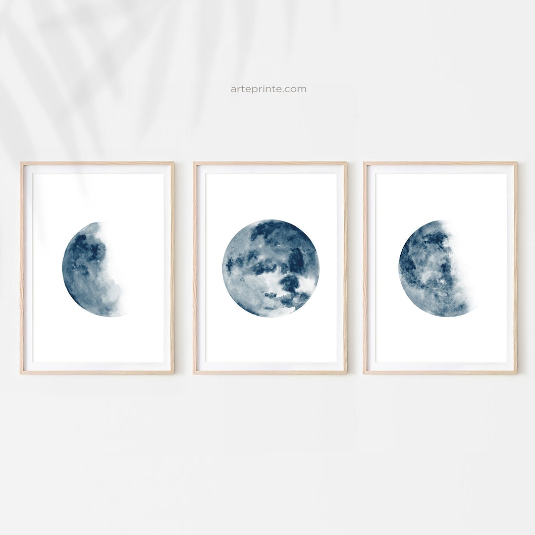 Blue Abstract Painting Moon, Set of 3 Watercolor Prints, Moon Phases ...