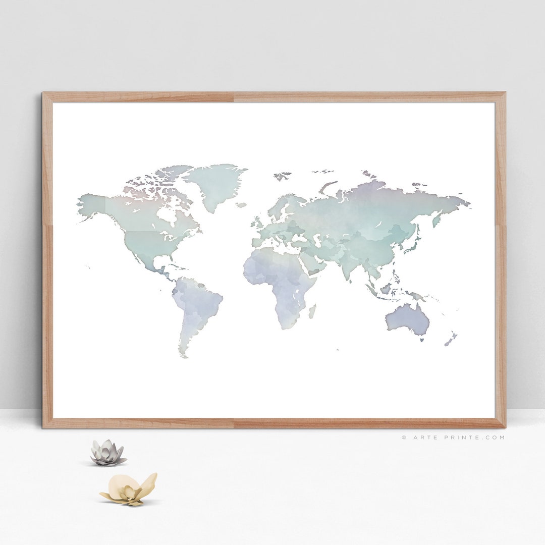WORLD MAP Wall Art, Printable Map, Green Mint Violet Wall Decor, Living ...