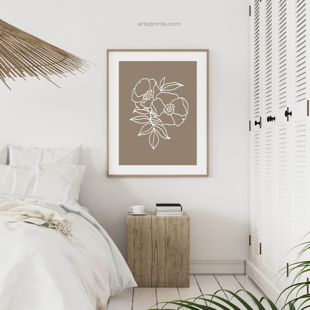 Floral Line Art Print: Minimalist Flower Drawing, Taupe Boho Decor ...