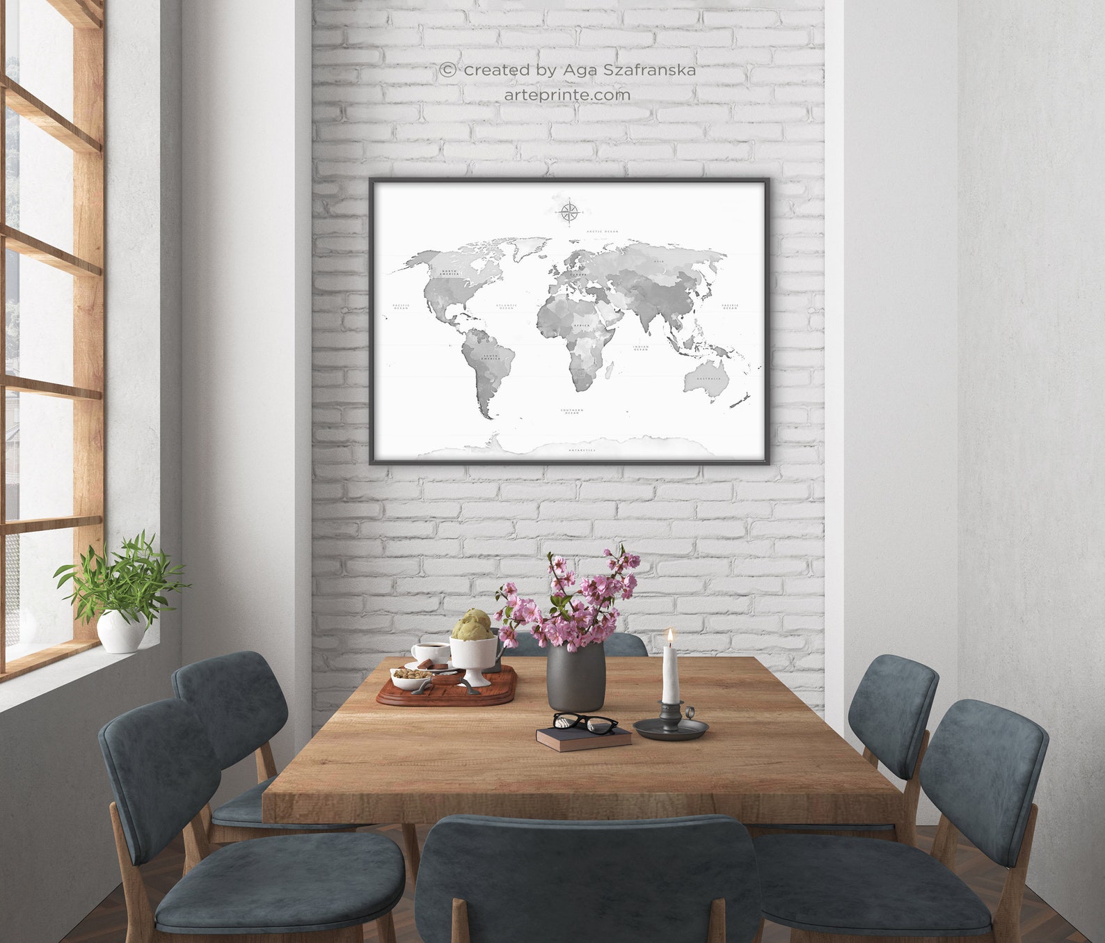 GRAY WORLD MAP Print Greyscale Map of the World Modern | Etsy