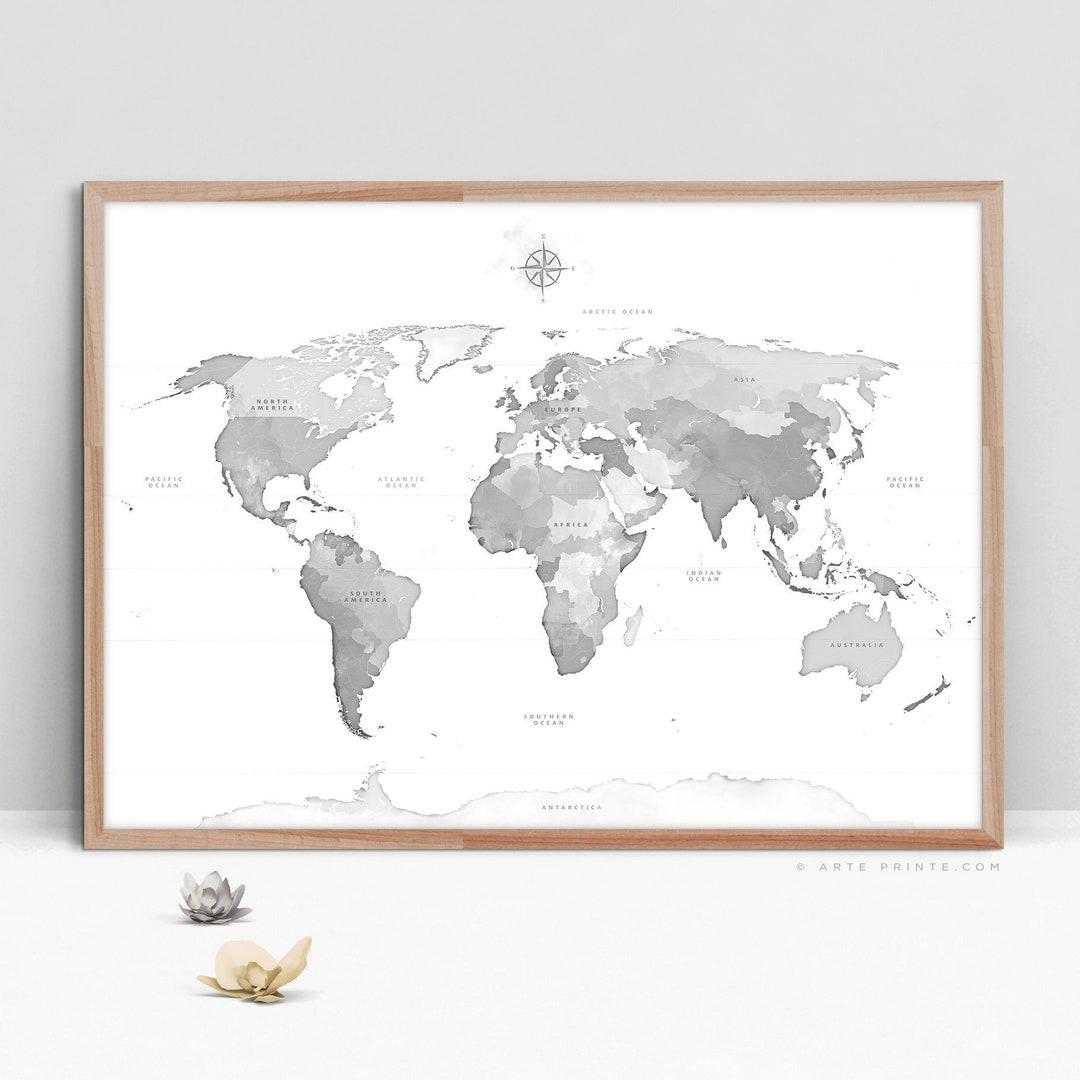 Gray World Map Wall Art Printable, Greyscale World Map Poster ...