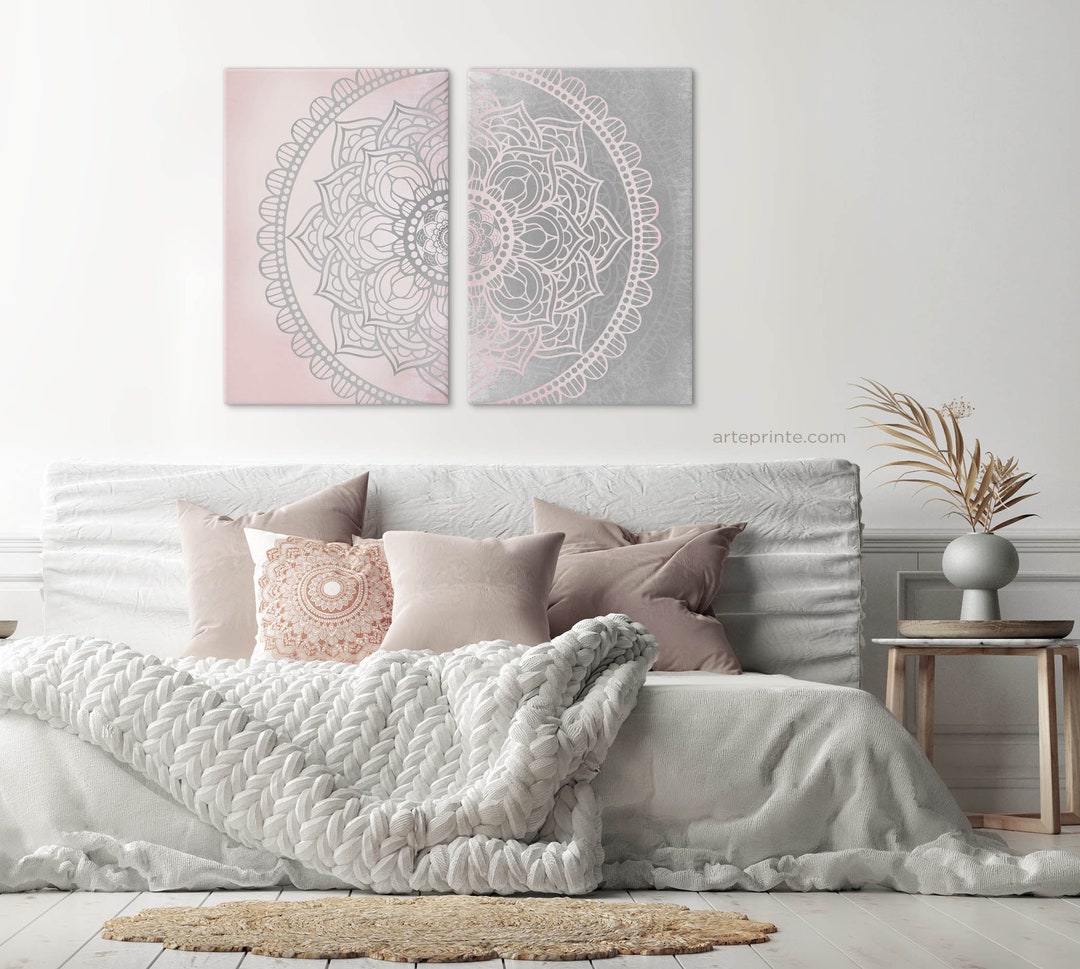 Original Pink Gray Mandala Print Set of 2, Mandala Wall Artset of 2 ...