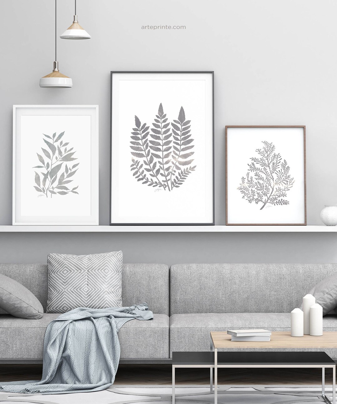 Modern Nature Art, Gray Plants, Printable, Set of 3 Abstract Plants ...