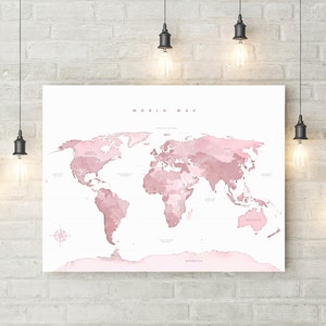 Pink World Map Wall Art Girl Nursery Decor Digital Prints, Pink ...