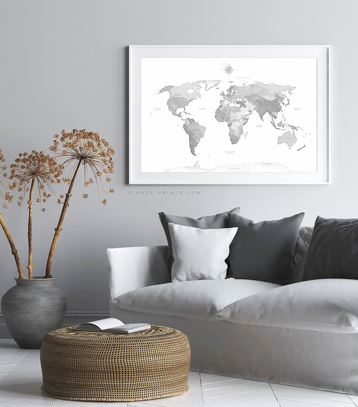 GRAY WORLD MAP Print Greyscale Map of the World Modern - Etsy