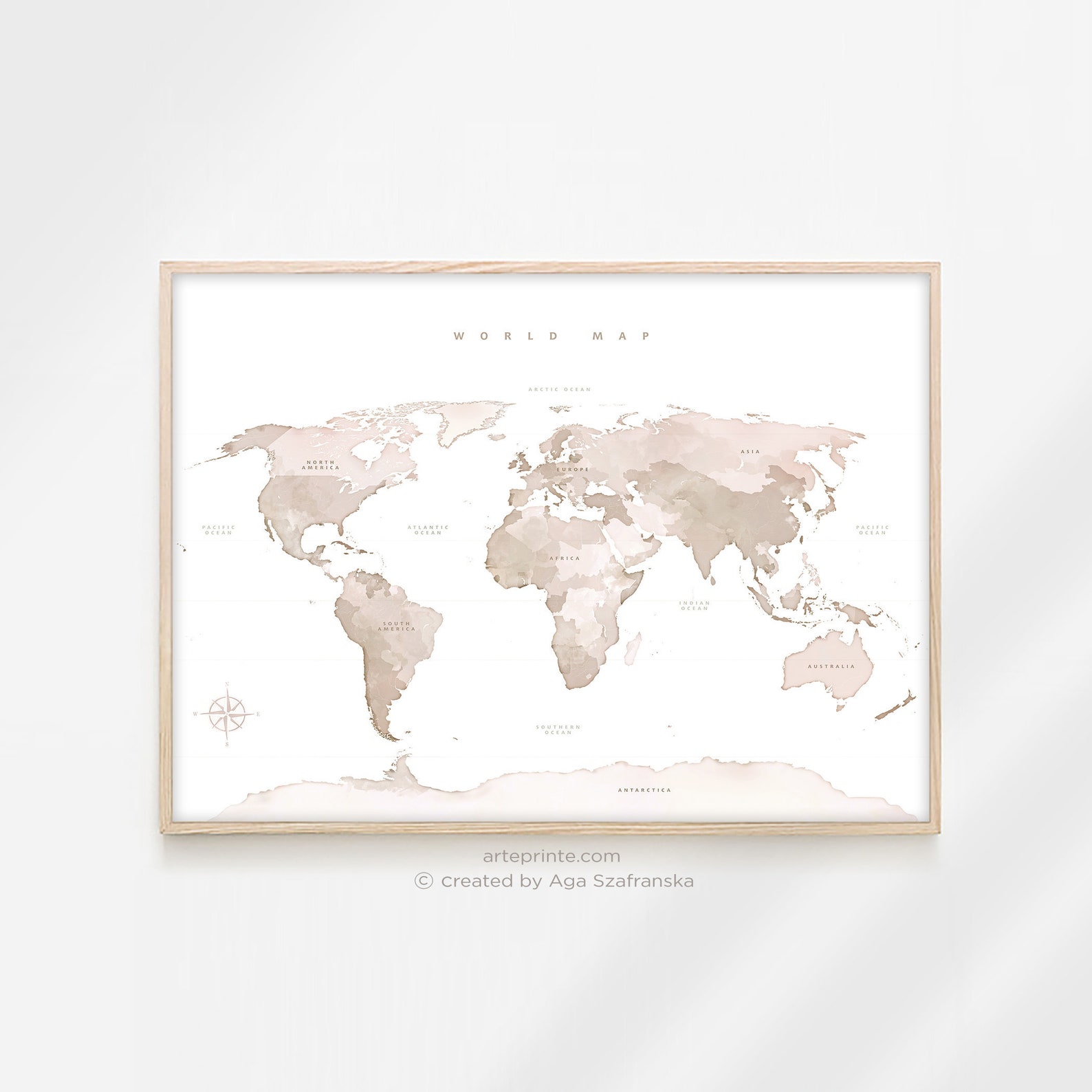 WORLD MAP Wall Art With Continent Names Beige Taupe Art Map - Etsy