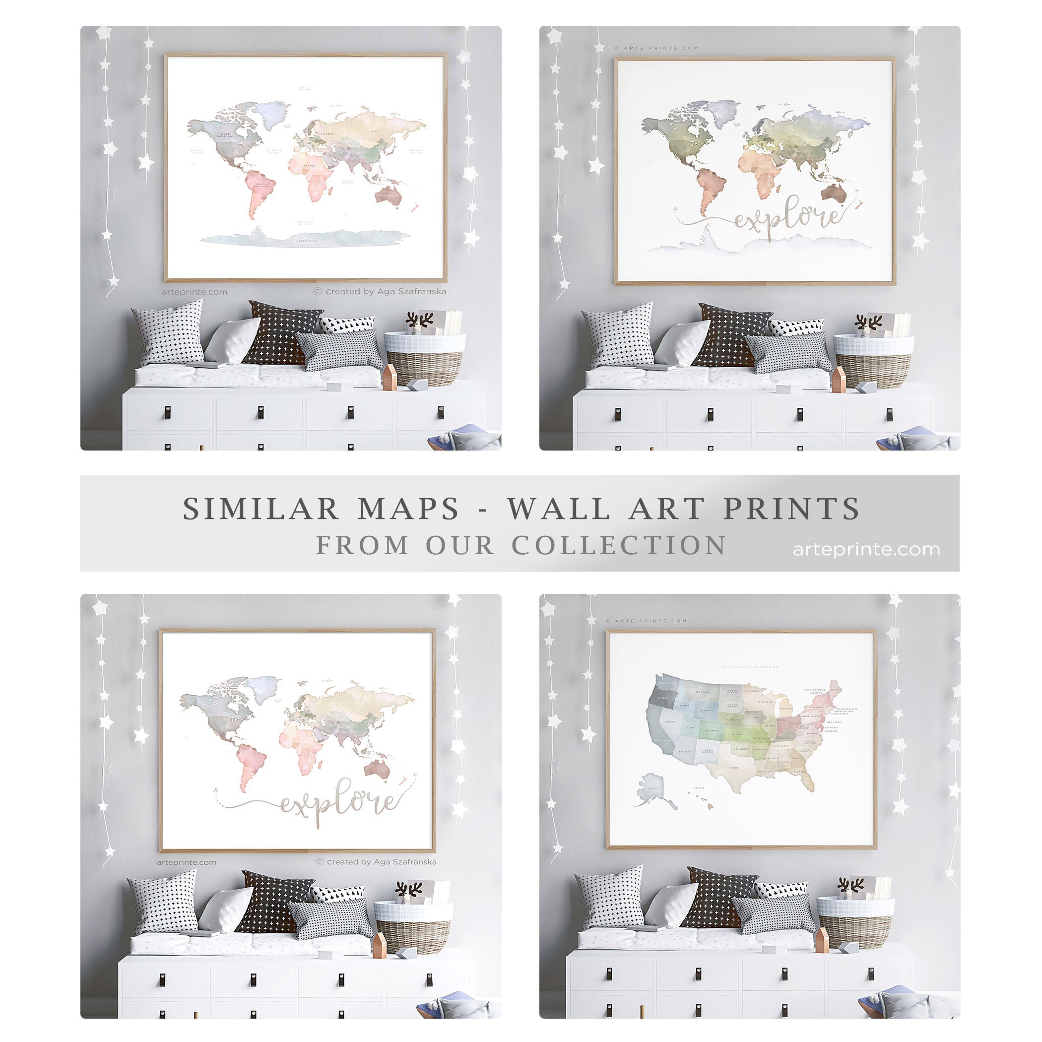 World Map Wall Art, Kids Nursery Decor ,watercolor Continents & Explore ...