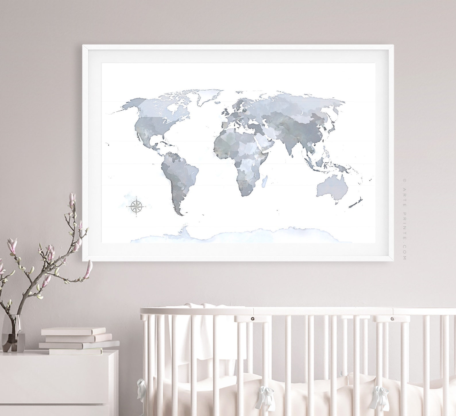 World Map Print Gray Blue Wall Art Watercolor Digital Art | Etsy
