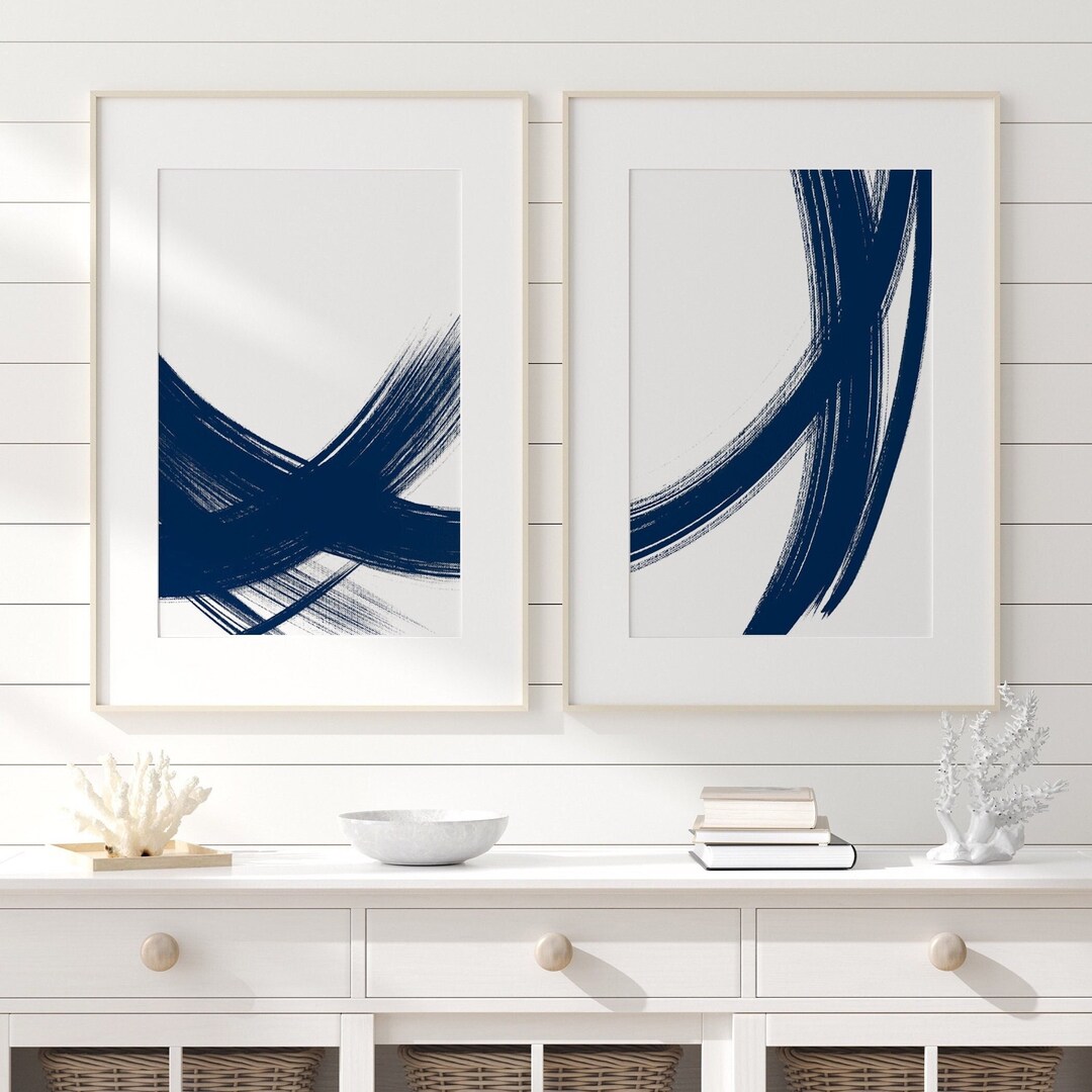 Navy Blue Abstract Wall Art Set of 2 Prints, Navy Blue Brush Strokes ...