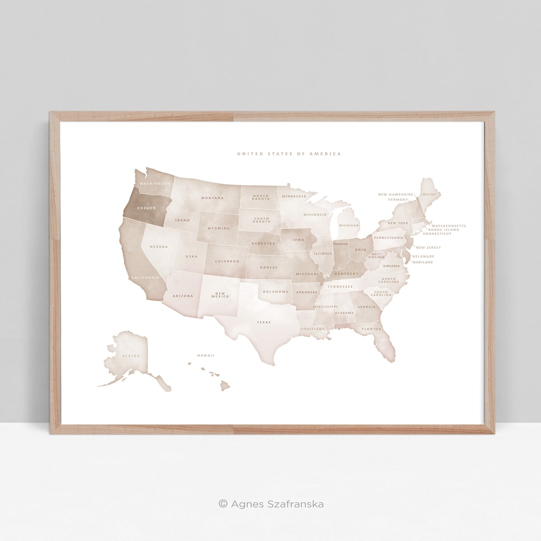 Beige Taupe USA Printable Wall Decor, United States Art Map With State ...