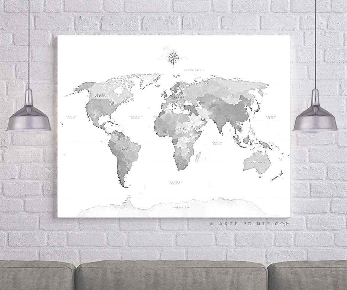 GRAY WORLD MAP Print Greyscale Map of the World Modern - Etsy