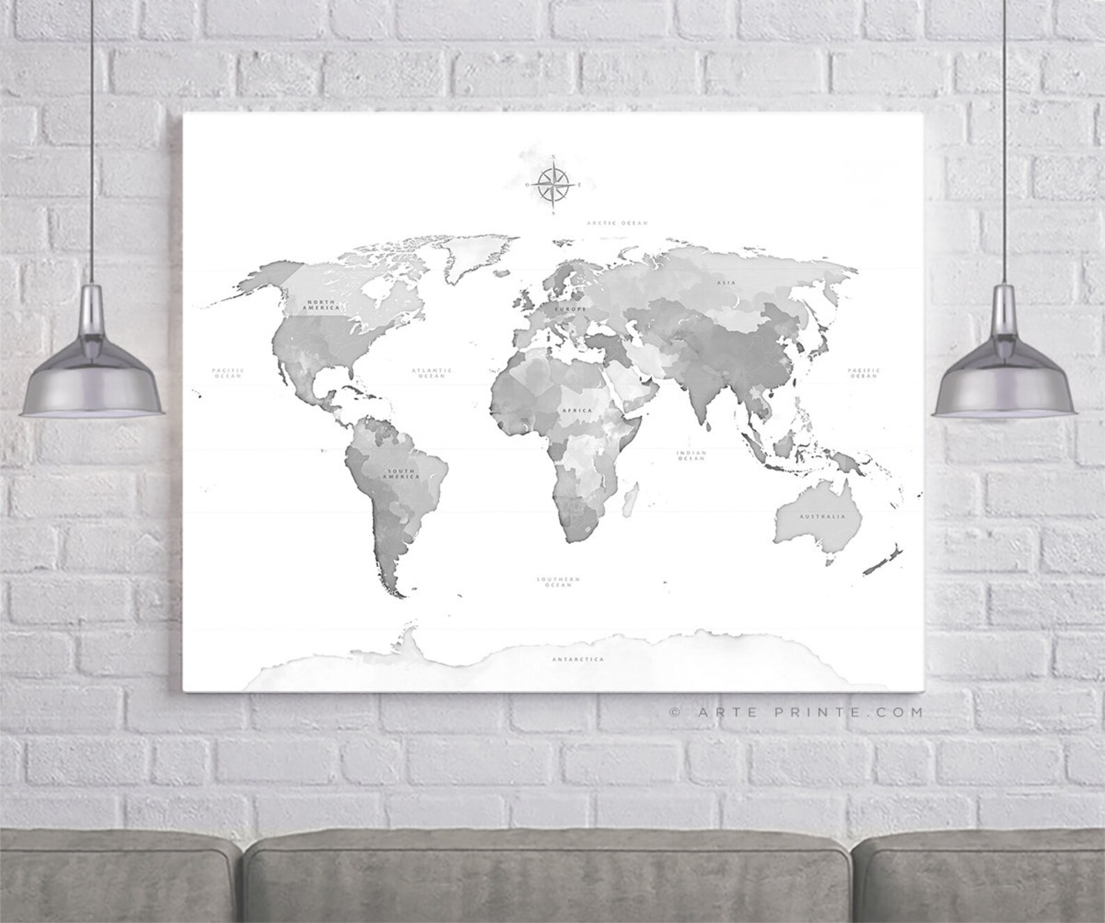 GRAY WORLD MAP Print Greyscale Map of the World Modern - Etsy