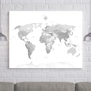 GRAY WORLD MAP Print, Greyscale Map of the World, Modern Minimalist Map ...