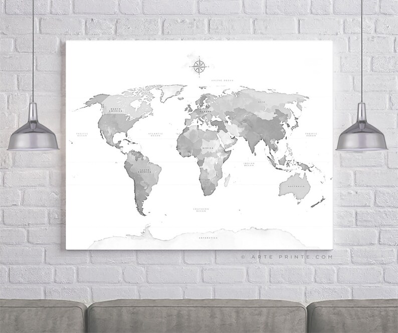 GRAY WORLD MAP Print Greyscale Map of the World Modern - Etsy
