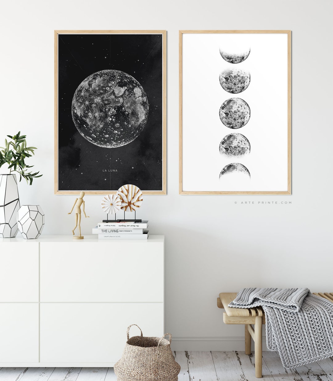 Moon and Moon Phases Printable Wall Art Set of 2 Black White Prints ...