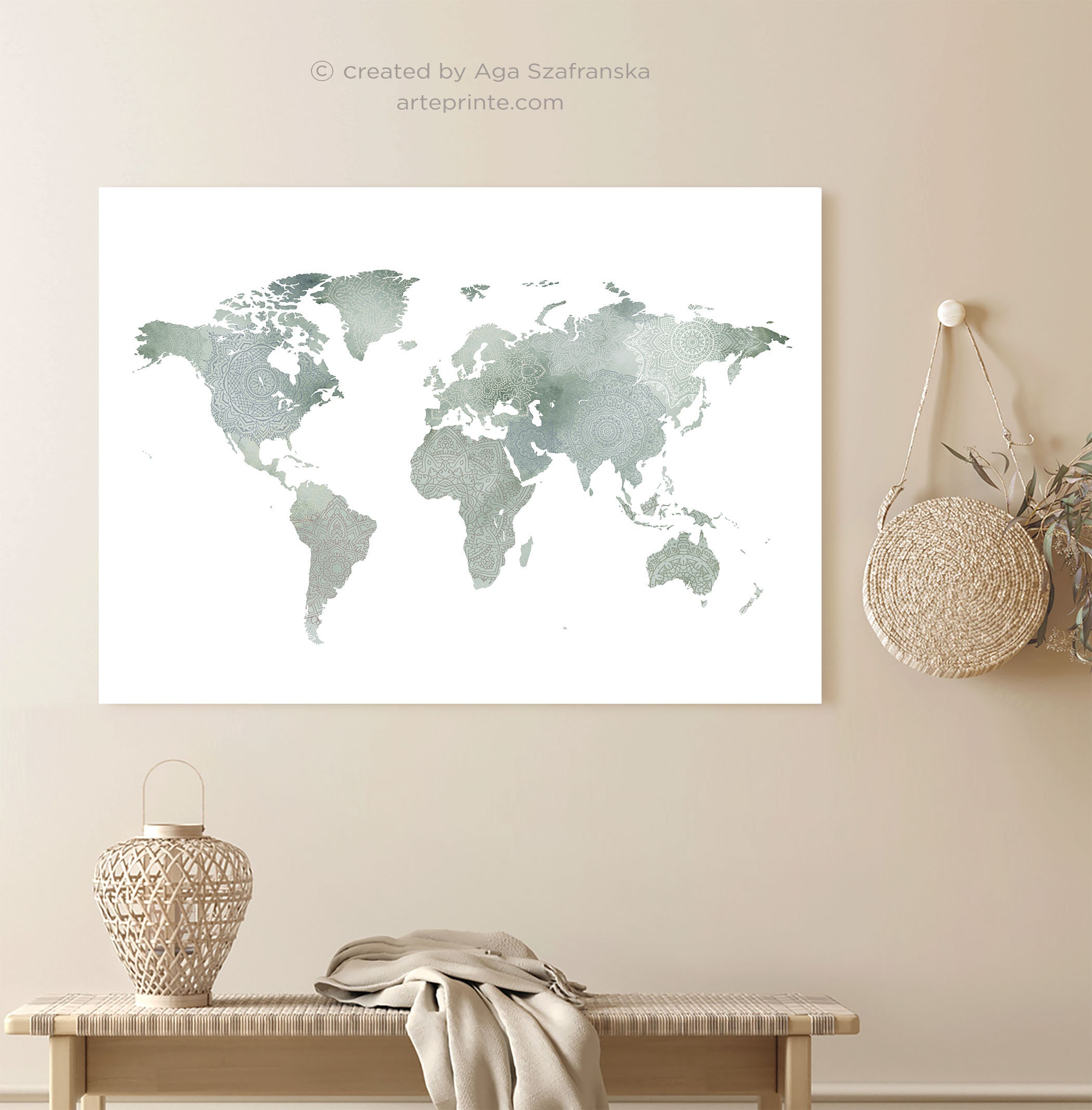 Boho World Map Mandala Print: Sea Glass Green Vintage Wall Art (digital ...