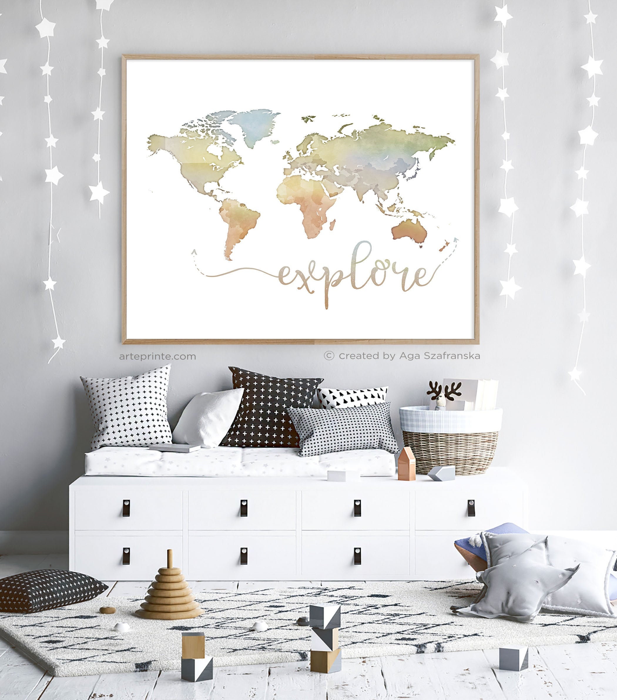 World Map Wall Art, Kids Nursery Decor ,watercolor Continents & Explore ...