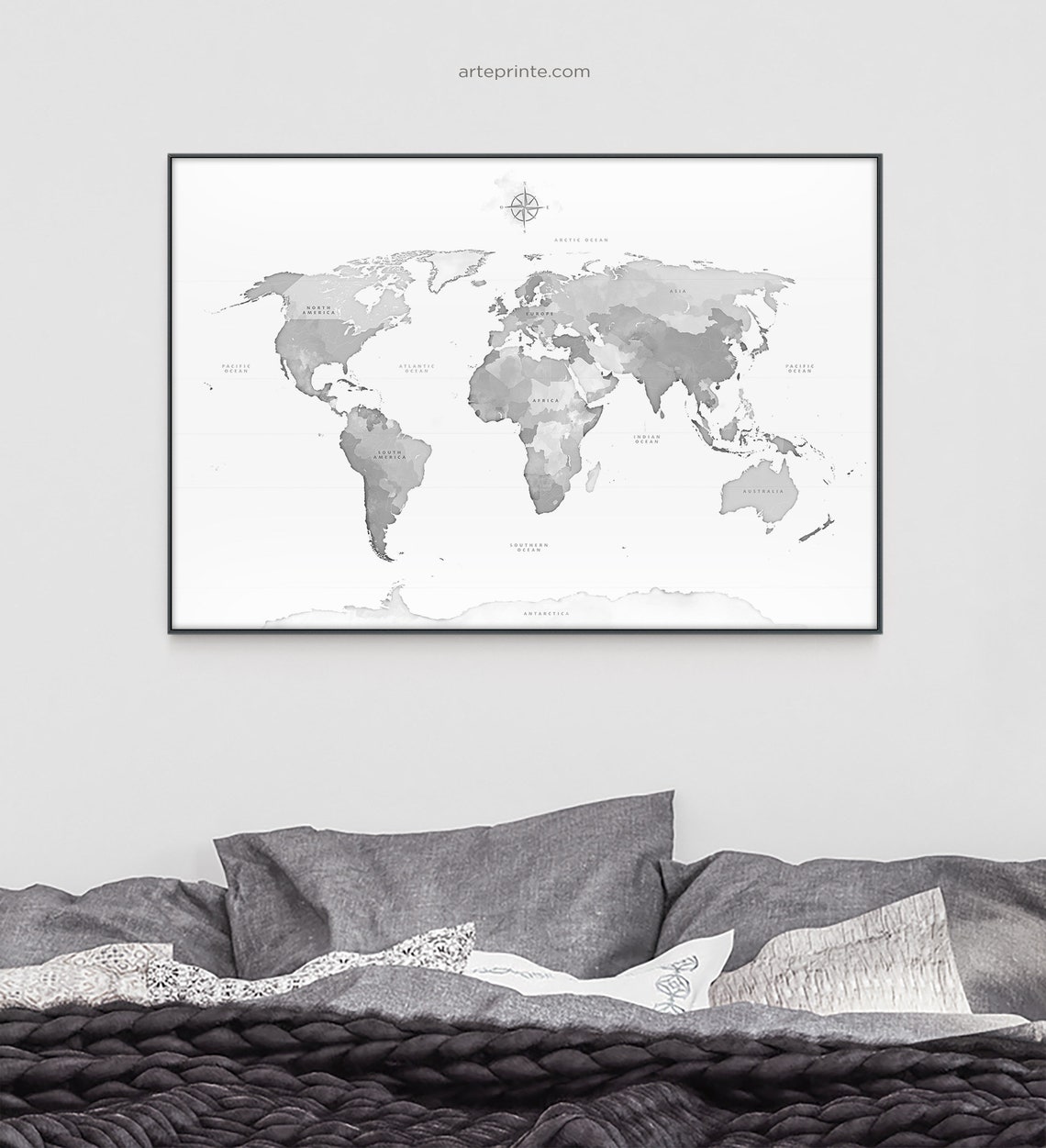 GRAY WORLD MAP Print Greyscale Map of the World Modern - Etsy