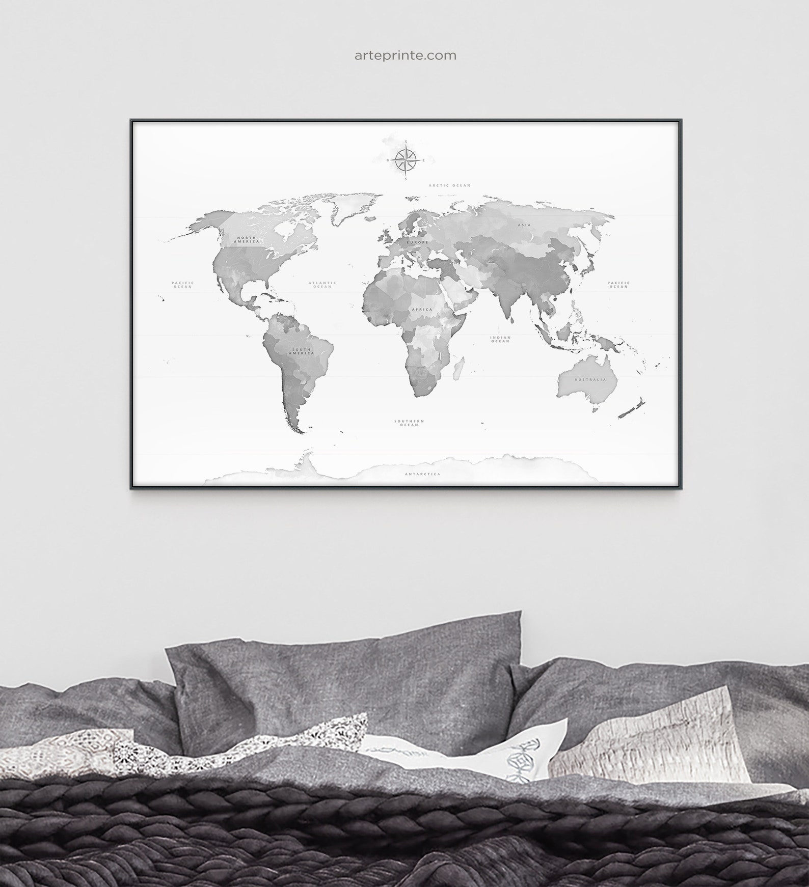 GRAY WORLD MAP Print Greyscale Map of the World Modern | Etsy