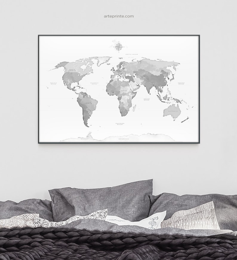 GRAY WORLD MAP Print Greyscale Map of the World Modern - Etsy