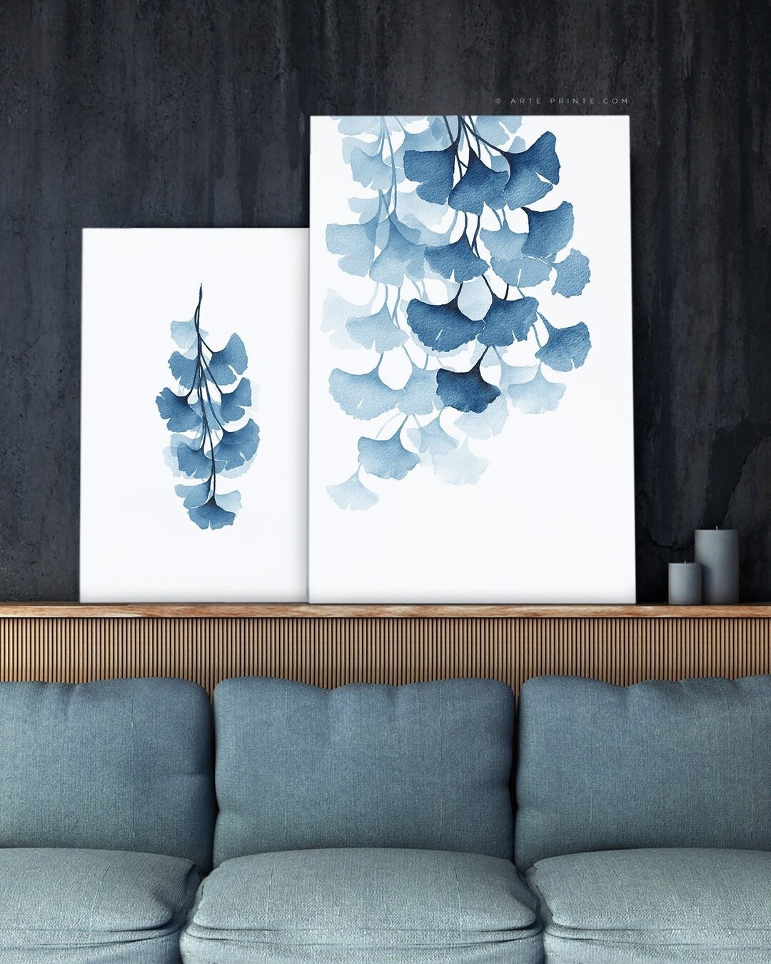 Blue Ginkgo Branch Prints Set of 2 Modern Botanical Wall Art, Indigo ...