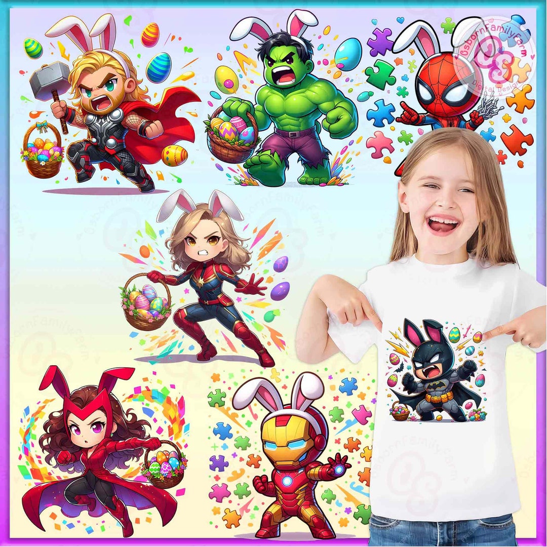 10 Superhero Easter Cartoon PNG Bundle, Chibi Superhero Easter ...