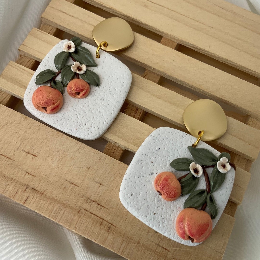 Handmade Clay Peach With Blossoms Polymer Clay Statement Earring - Etsy