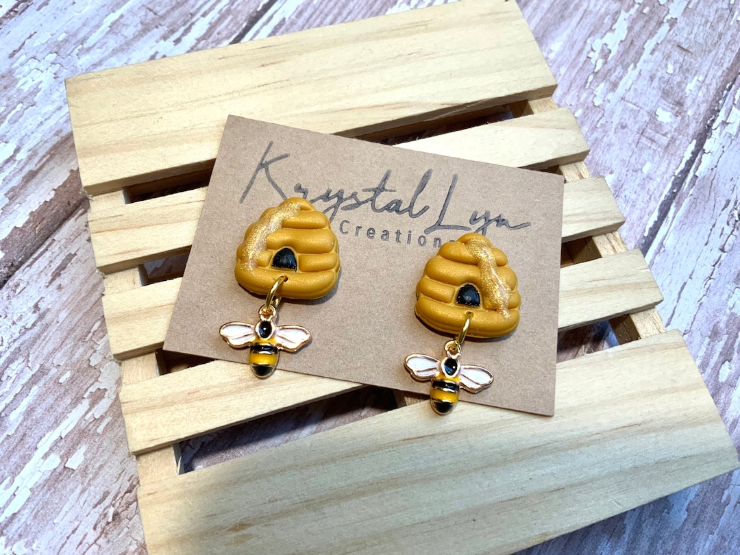 Polymer Clay Bee Hive Stud Earrings With Honey and Enamel Bee Charm Dangle - Etsy