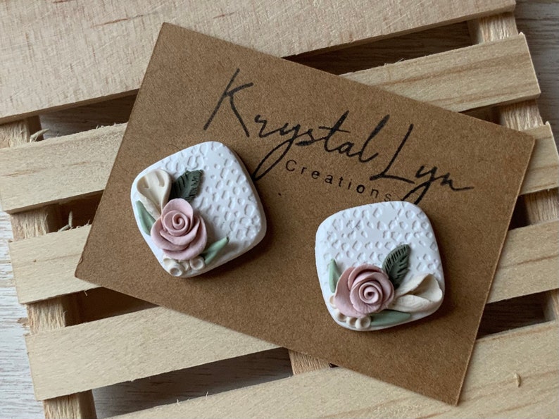 Textured Pastel Pink Rose Floral Polymer Clay Stud Earrings for Valentines Day - Etsy