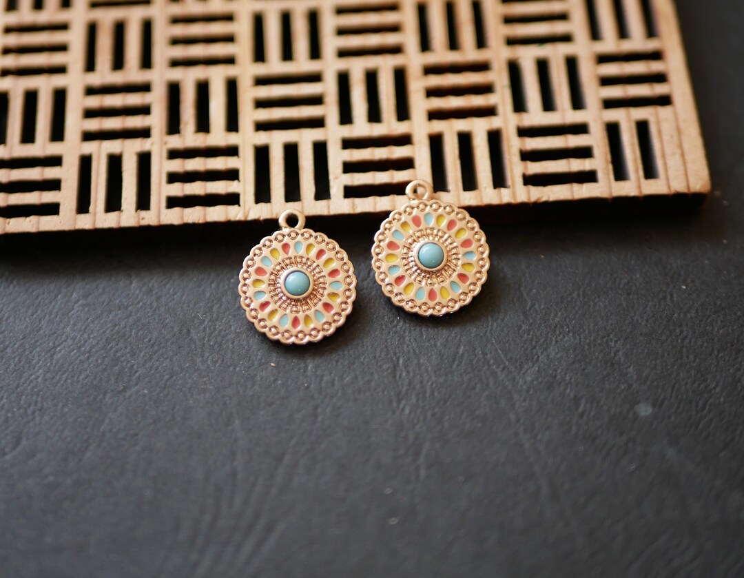 Blue and Gold Enamel Charm, Apache Blue Turquoise Charm, Enamel Earring ...