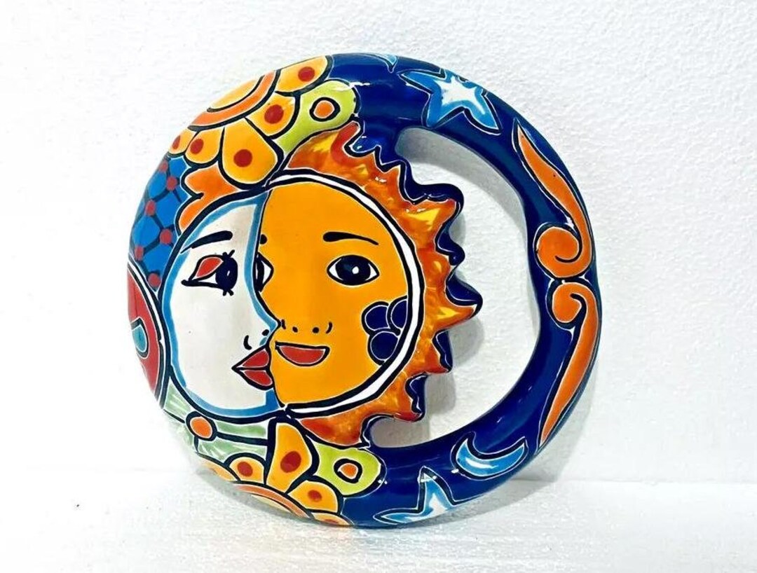 Talavera Sun Moon Eclipse Face Mexican Pottery 9 Sculpture Wall Hanging ...