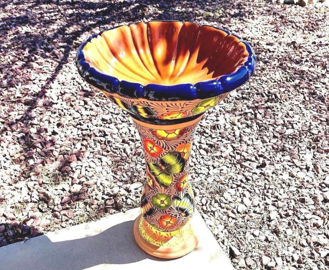 Talavera Bird Bath Mexican Art XL 27" Birdbath Pottery Clay Butterfly ...