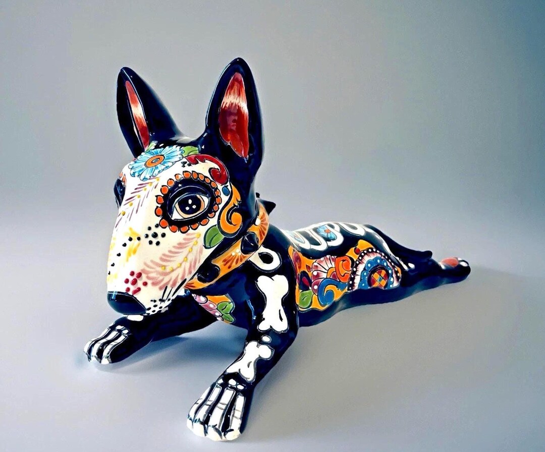 Mexican Talavera Dog Animal Figure Bull Terrier Pottery Art Day of the ...